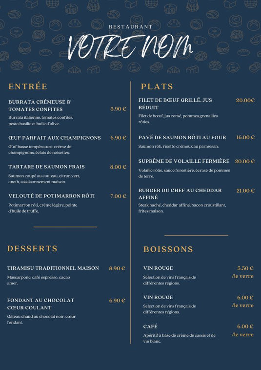 Exemple de menu pour un restaurant français – Miracards